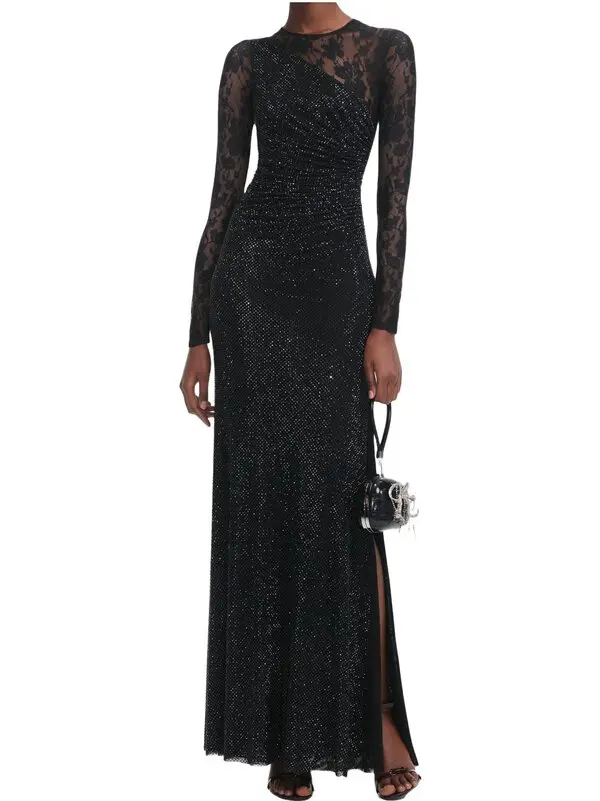 SELF-PORTRAIT Rhinestone Lace Sleeve Maxi Dress - Black