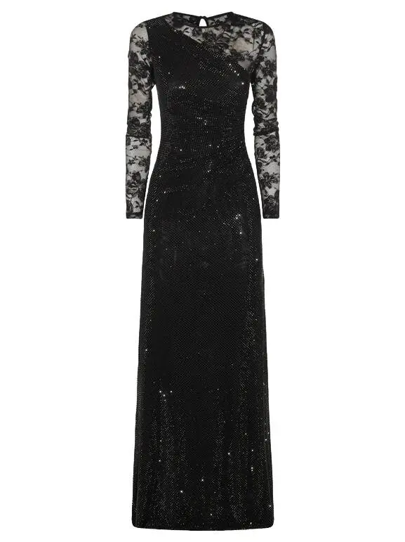 SELF-PORTRAIT Rhinestone Lace Sleeve Maxi Dress - Black