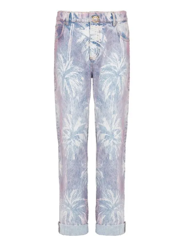 Balmain Palm Tree Print Boyfriend Jeans - Blue
