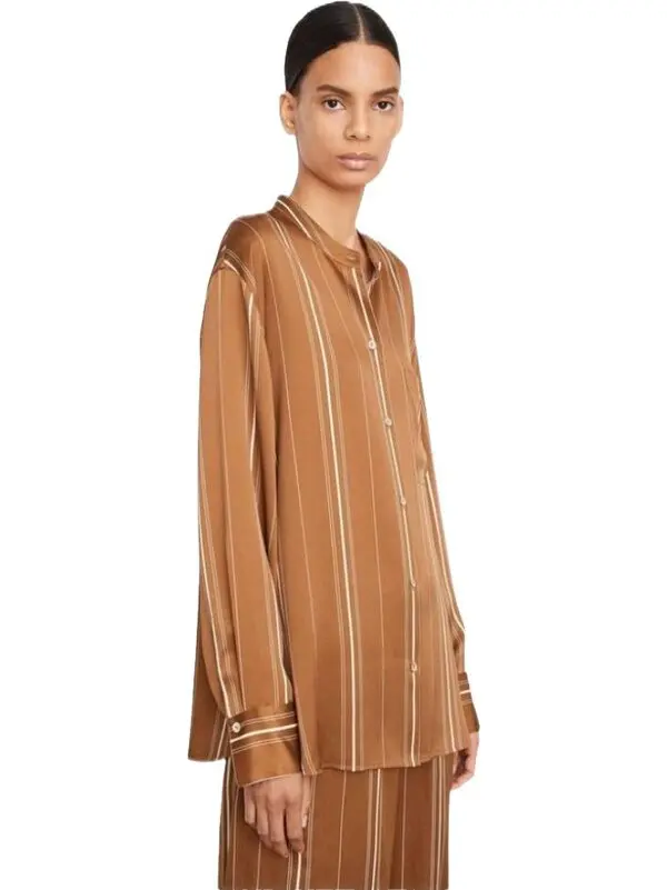 Vince Striped Band Collar Silk Shirt - Brown