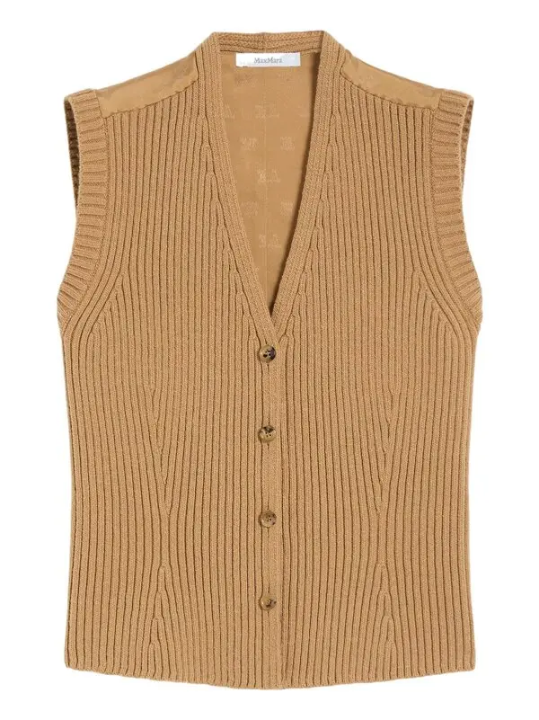 Max Mara V-neck Button-up Gilet With Jacquard Back And Belted Waist - Camel