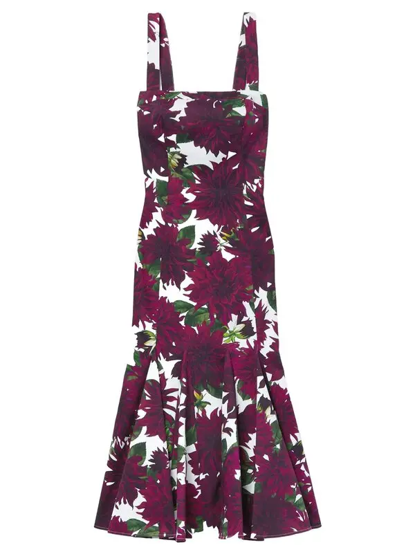 Oscar De La Renta Floral Print Square Neck Flared Hem Dress - Red