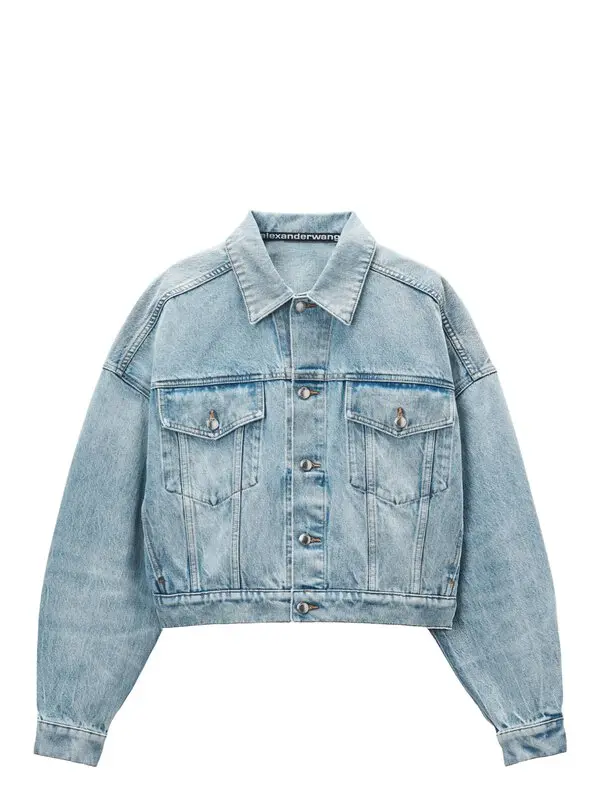 Alexander Wang Denim Trucker Jacket With Drop Shoulder And Designer Patch - Vintage Blue