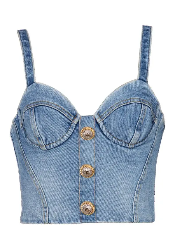 Balmain Denim Bustier Top With Decorative Buttons - Blue