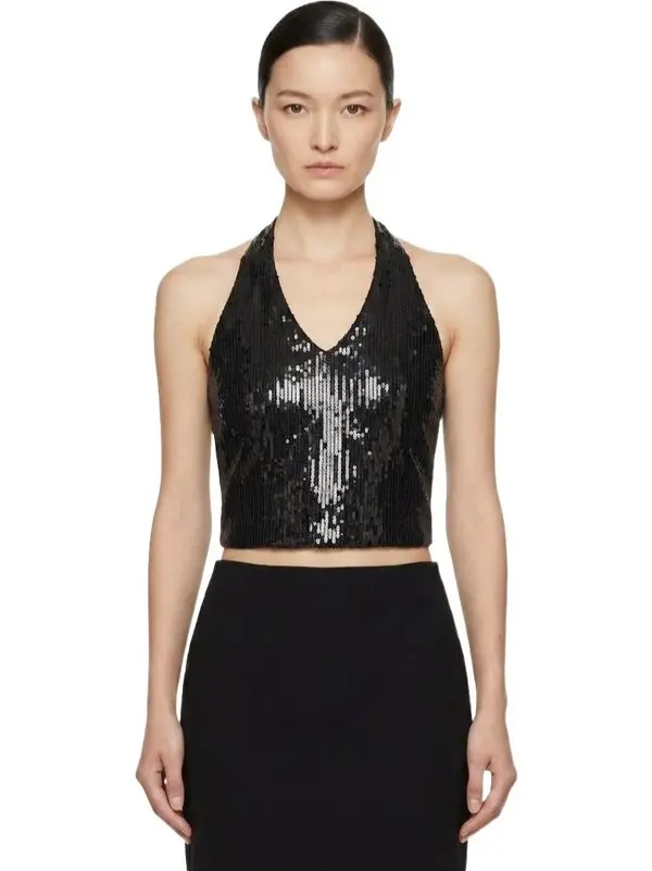Marissa Chiara Embellished Halter Neck Zipper Vest - Black