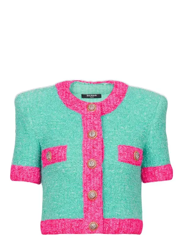 Balmain Two-tone Cropped Knit Cardigan - Green