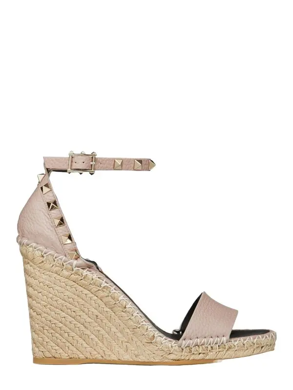 Valentino Garavani Double Rockstud Grainy Calfskin Wedge Sandal 105mm - Powder Color