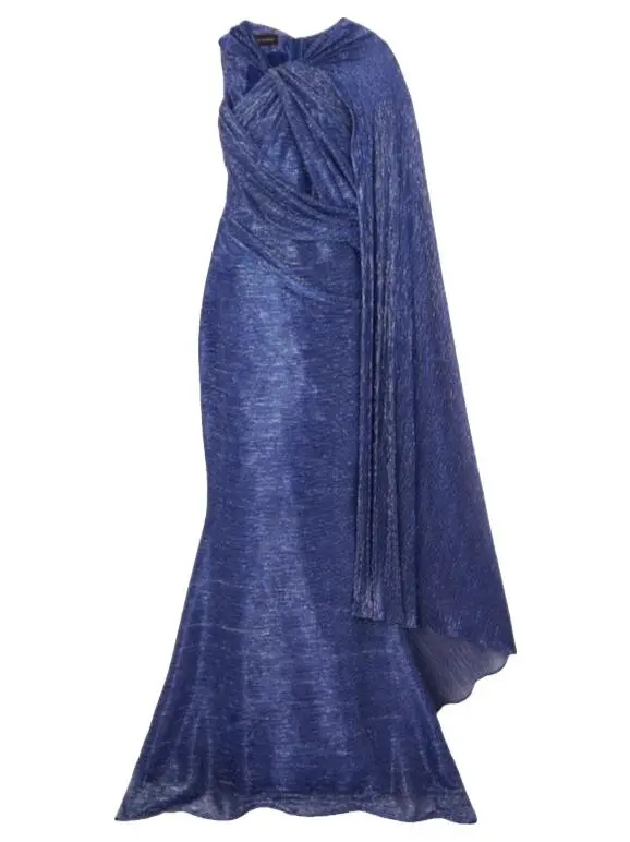 Talbot Runhof Asymmetrical Neckline Cape Effect Gown - Blue
