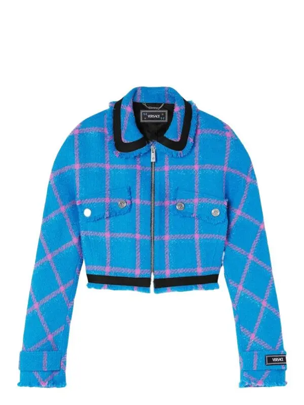 Versace Check-pattern Cropped Tweed Jacket - Blue