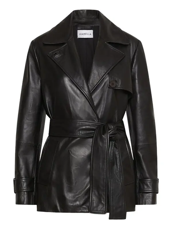 Marella Leather Trench Coat With Belt And Notched Lapels - Black