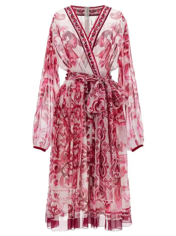 Dolce & Gabbana Graphic-printed Long Sleeve V-neck Belted Dress - Pink