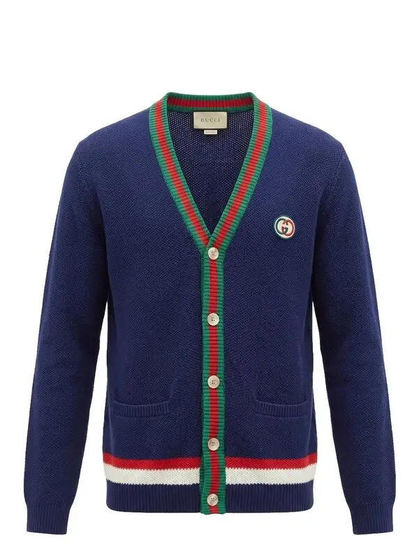 Gucci Contrast Striped Knitted Cardigan - Blue
