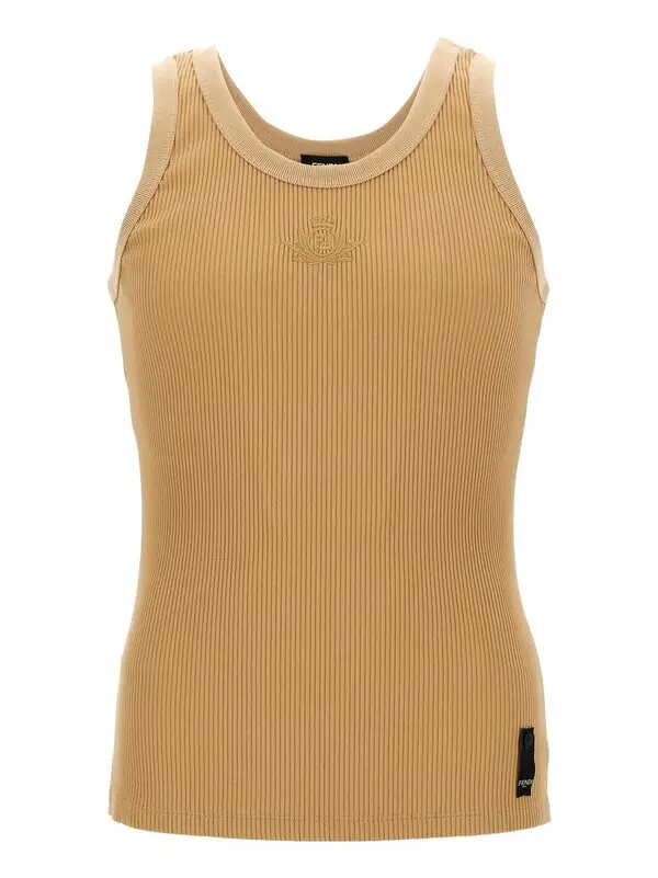 Fendi Logo Embroidered Ribbed Tank Top - Beige