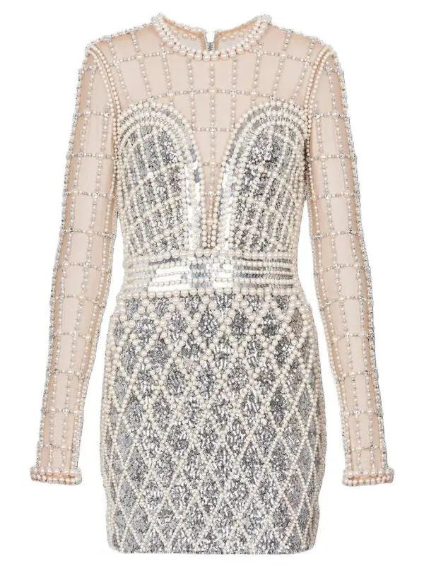 Balmain Embellished Round Neck Long Sleeve Mini Dress - Nude