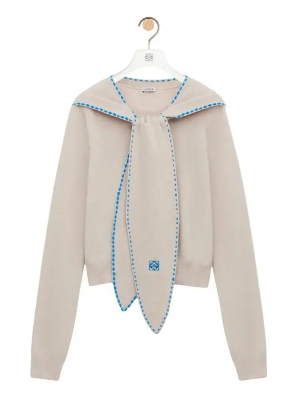 Loewe Wool Sweater With Embroidered Monogram Scarf Detail - Beige/blue