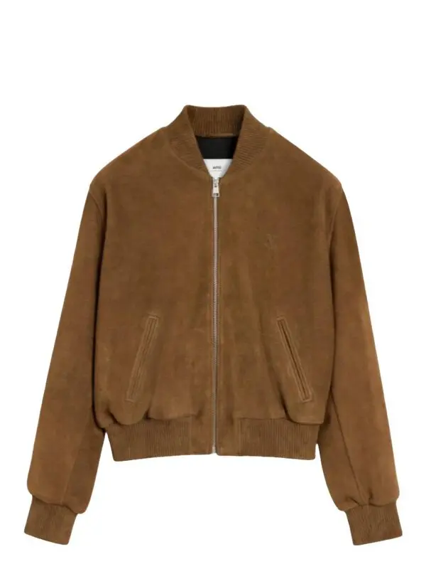 AMI Paris Suede Bomber Jacket With Zip Closure - Brown