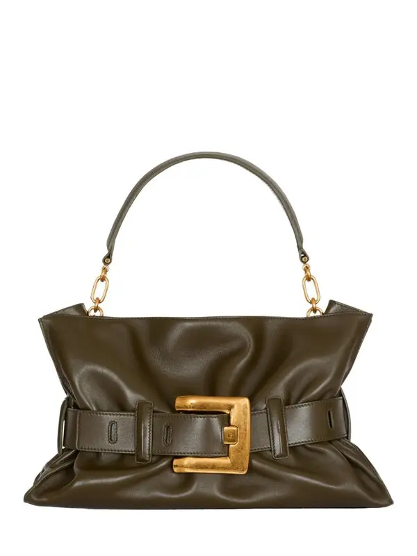 Balmain Anthem Buckled Medium Shoulder Bag - Khaki