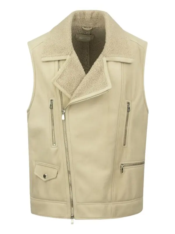 Brunello Cucinelli Zip-up Leather Vest With Fur Collar - Nude