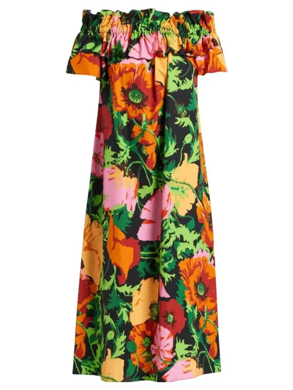 La DoubleJ Breakfast Floral-print Off-shoulder Cotton Dress - Pumpkin Orange/multicolour