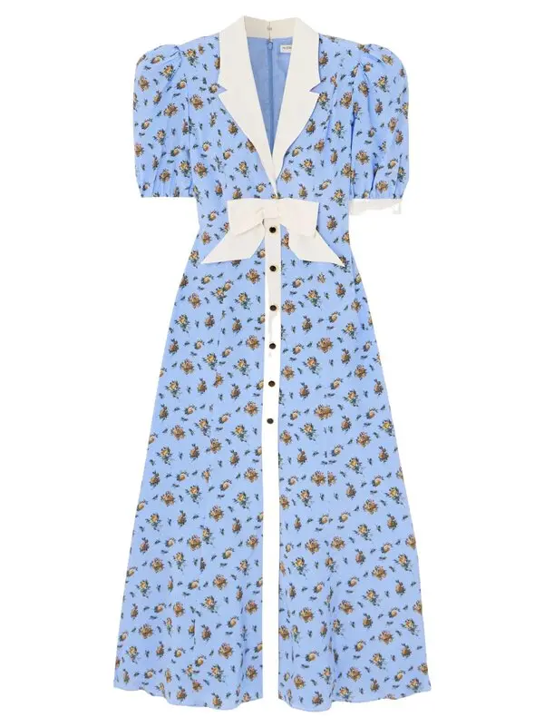 Alessandra Rich Floral Print Short Sleeve Bow Dress - Blue