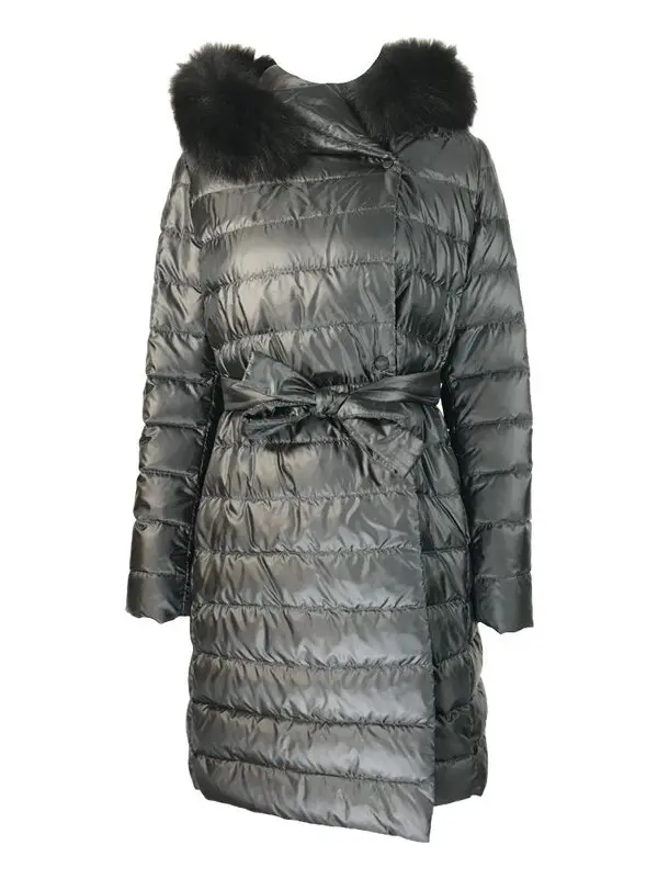 Max Mara Long Hooded Down Jacket With Waist Strap - Gray