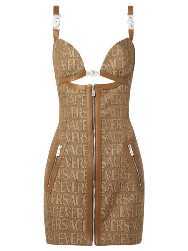 Versace Cut-out Jacquard Sleeveless Mini Dress - Brown