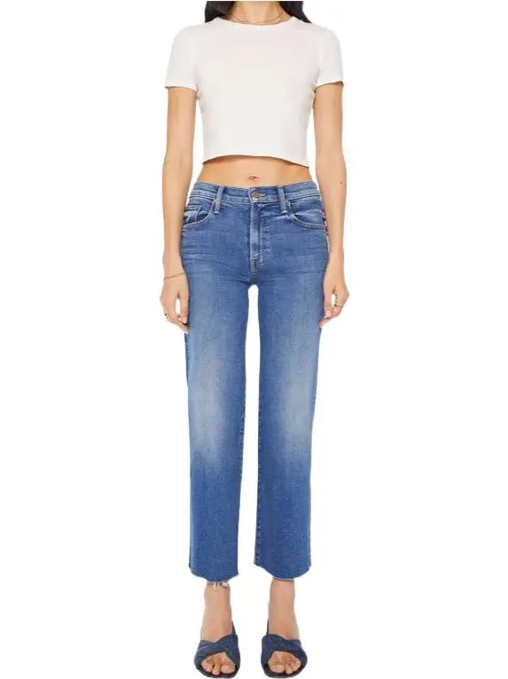 MOTHER The Mid Rise Rambler Zip Ankle Fray Jeans - Blue