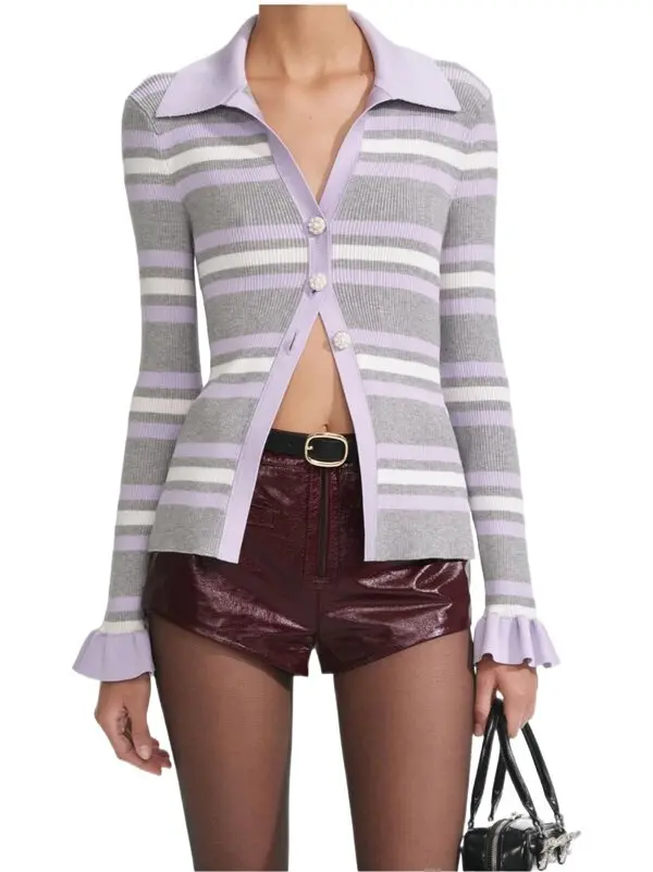 SELF-PORTRAIT Striped Knit Top - Grey