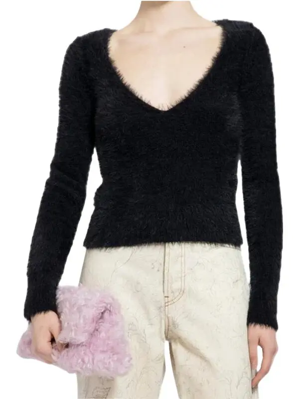Dries Van Noten Fluffy V-neck Long-sleeve Sweater - Black