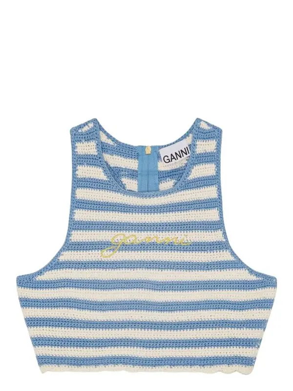 GANNI Crochet Racerback Striped Top - Blue
