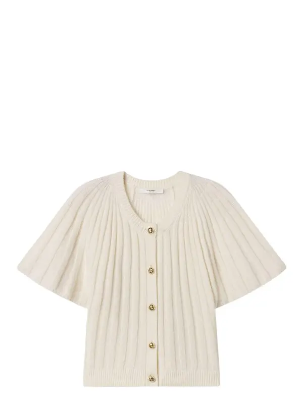 FRAME Ribbed Knit Short Sleeve Cardigan With Gold Buttons - Cream
