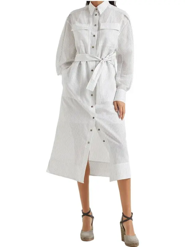 Brunello Cucinelli Striped Shirt Midi Dress - White