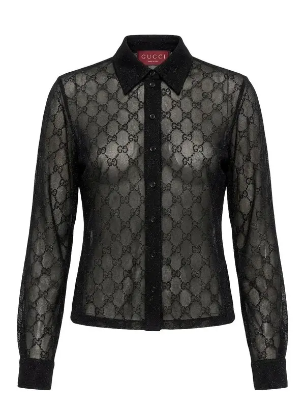 Gucci Gg Jersey Jacquard Sheer Long Sleeve Shirt - Black