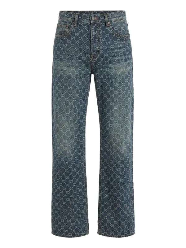 Gucci Gg Cotton Denim Jacquard Pants - Blue