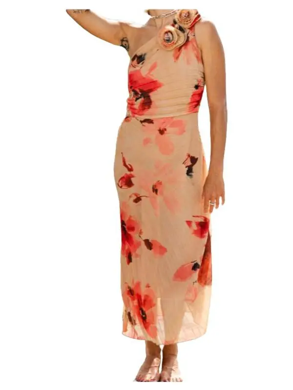 KAOS One Shoulder Printed Pleated Maxi Dress - Nude