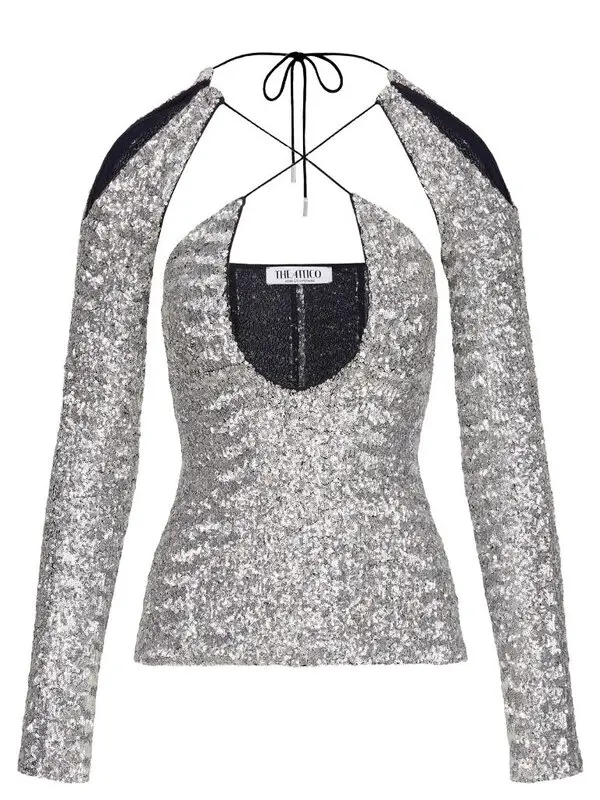 Attico Sequin Embellished Cut-out Detailed Top - Gray