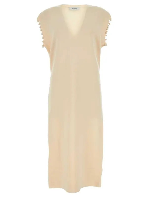 Max Mara Sleeveless V-neck Knitted Dress With Velvet Ball Trim - Nude