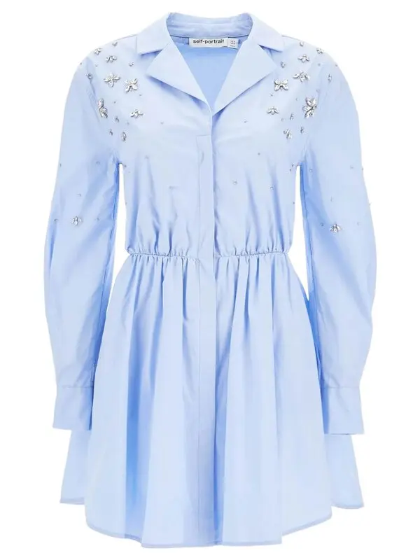 SELF-PORTRAIT Embellished Long-sleeved Mini Shirt Dress - Blue