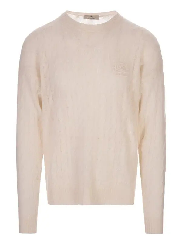 Etro Logo Embroidered Cable-knitted Crewneck Jumper - Nude