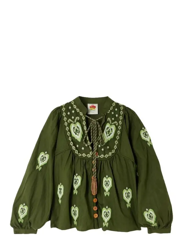 Farm Rio Embroidered Tassel Shirt - Green