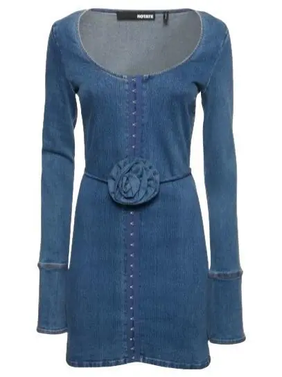 ROTATE BY BIRGER CHRISTENSEN Rose Applique Stretch Denim Mini Dress - Blue