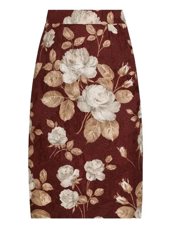Dolce & Gabbana Rose Print Midi Pencil Skirt - Brown