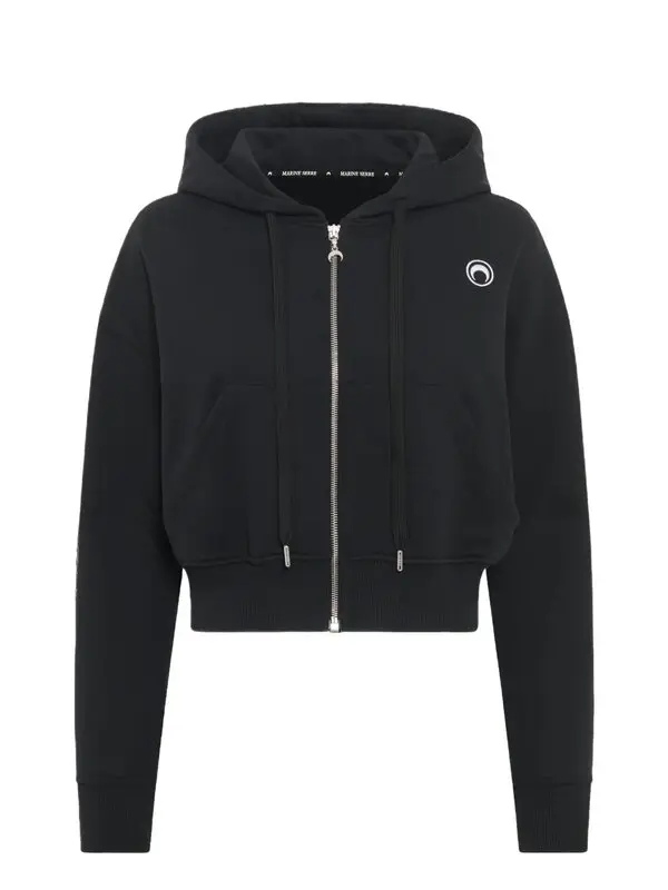 MARINE SERRE Logo Detailed Zip-up Hoodie - Black