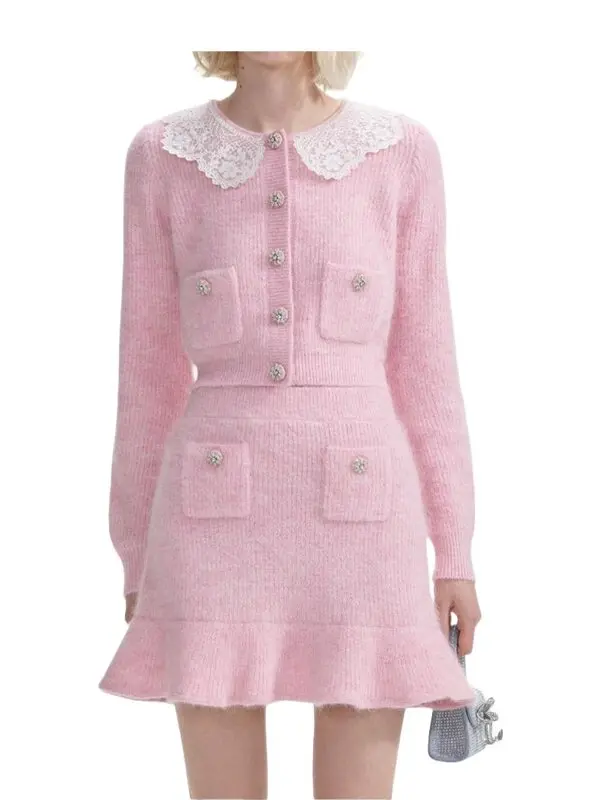 SELF-PORTRAIT Knitted Mini Skirt With Diamond Buttons - Pink