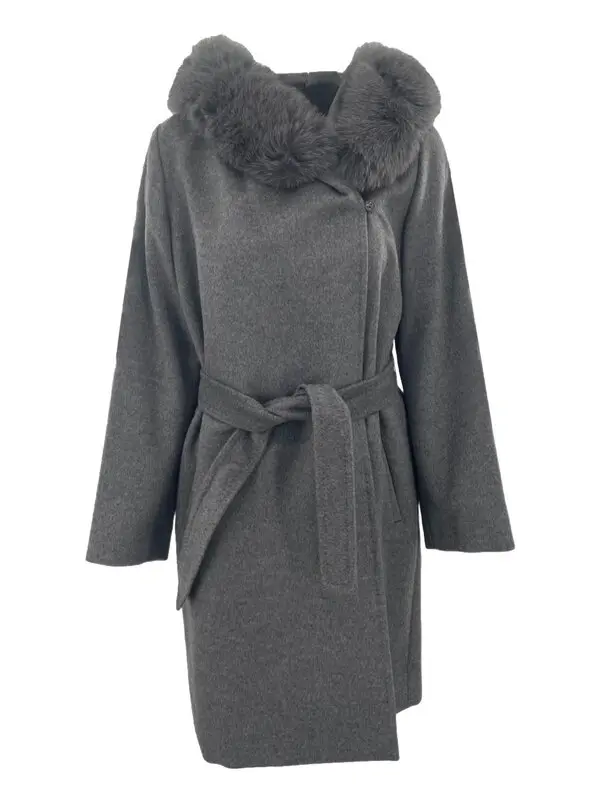 Max Mara Long Sleeved Hooded Coat With Fur Trim And Belt - Black