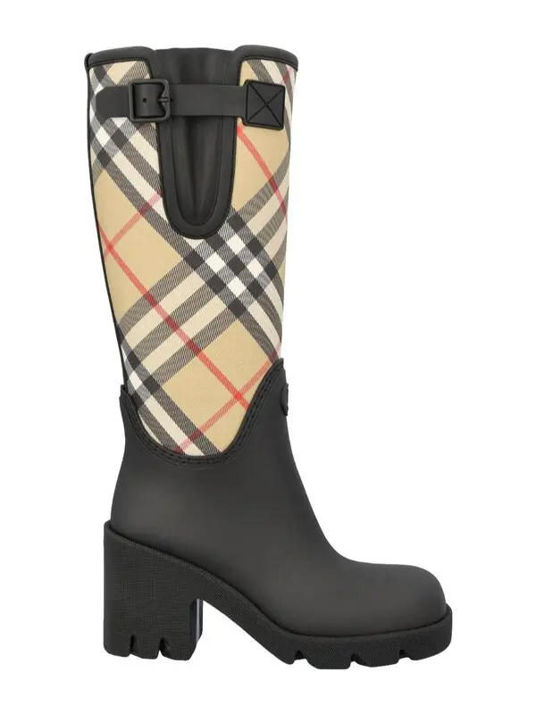 Burberry Check Pattern Buckled Boots - Black