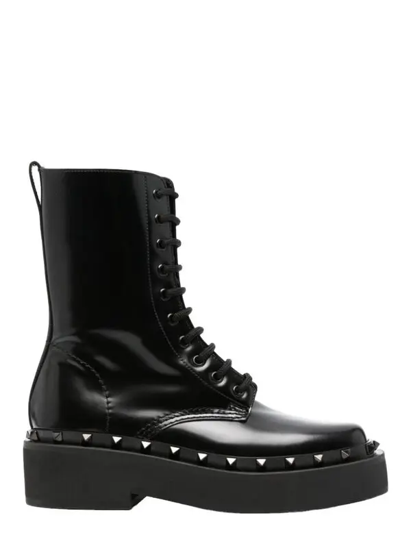 Valentino Garavani Rockstud Embellished Leather Lace-up Boots - Black