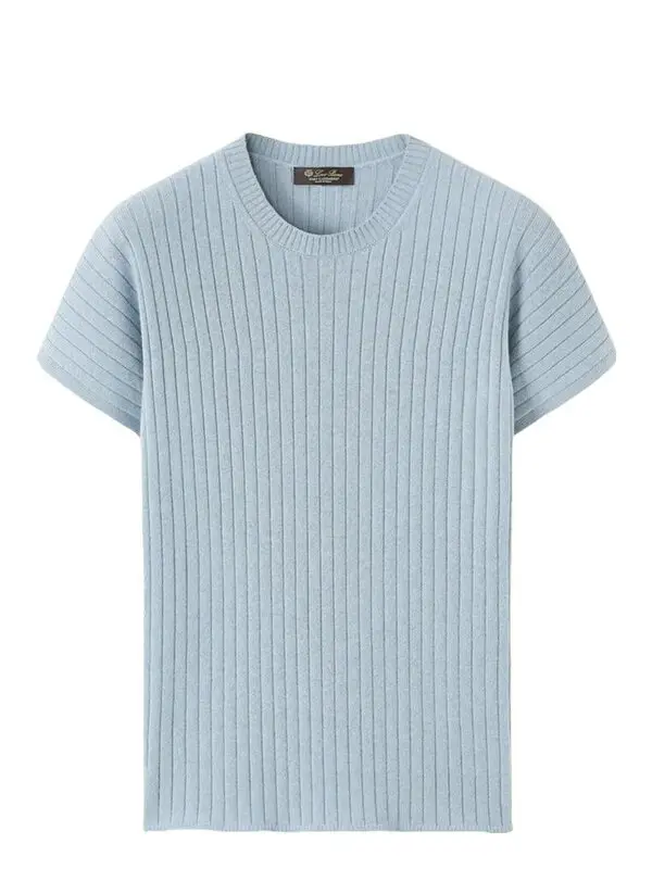Loro Piana Ribbed Crewneck Short Sleeve Sweater - Iced Snow Melange