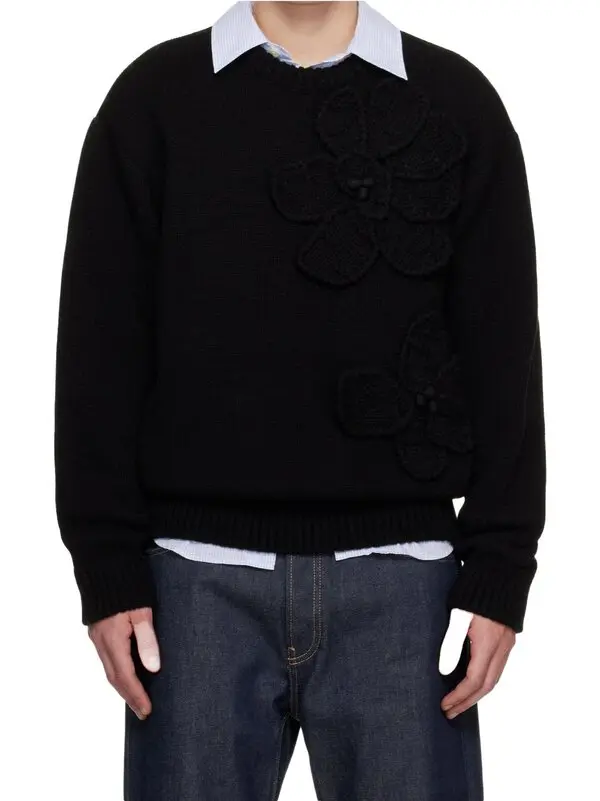 WOOYOUNGMI Crew Neck Sweater With Floral Appliqu - Black