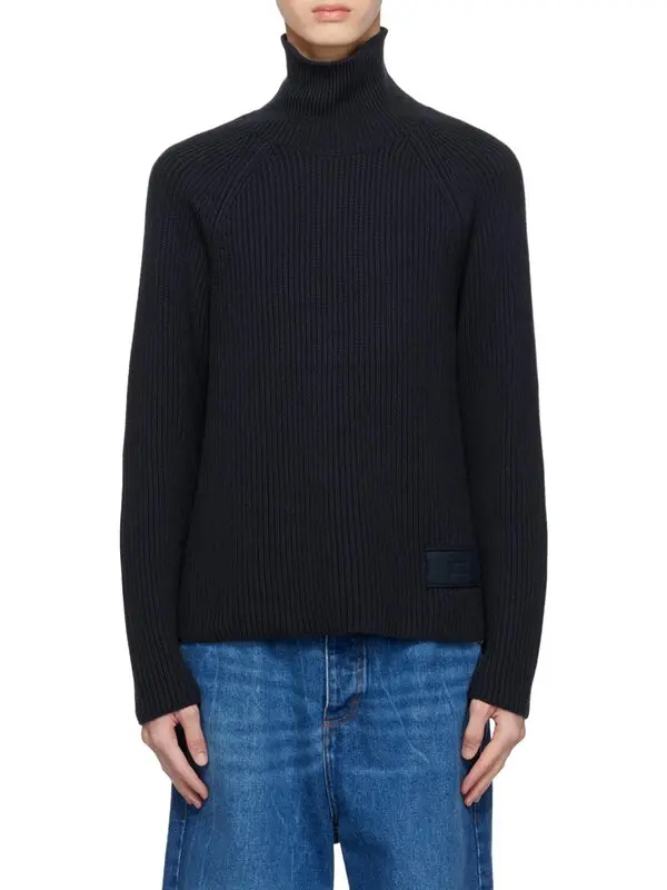 Ami High Neck Ribbed Long Sleeve Jumper - Black